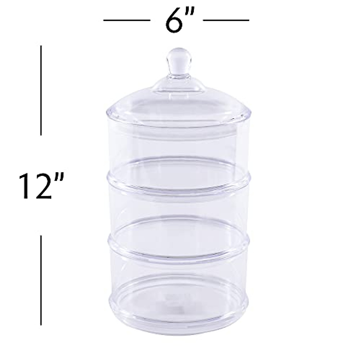 DecorFest 3-Tier Stackable Plastic Candy Jar with Lid Premium Acrylic Plastic BPA-Free, Decorative Canister Organizer Apothecary – 6” Diameter x 12”H - Clear