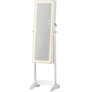 SONGMICS LED Mirror Jewelry Cabinet, Adjustable Brightness and 3 Shades of Light, Standing Jewelry Armoire with Full-Length Mirror, Jewelry Organizer with Built-in Mirror and Lights, White UJJC016W01