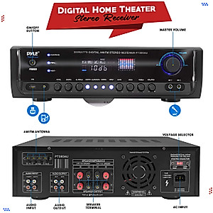 Home Audio Power Amplifier System - 300W 4 Channel Theater Power Stereo Sound Receiver Box Entertainment w/ USB, RCA, AUX, Mic w/ Echo, LED, Remote - For Speaker, iPhone, PA, Studio Use - Pyle PT390AU