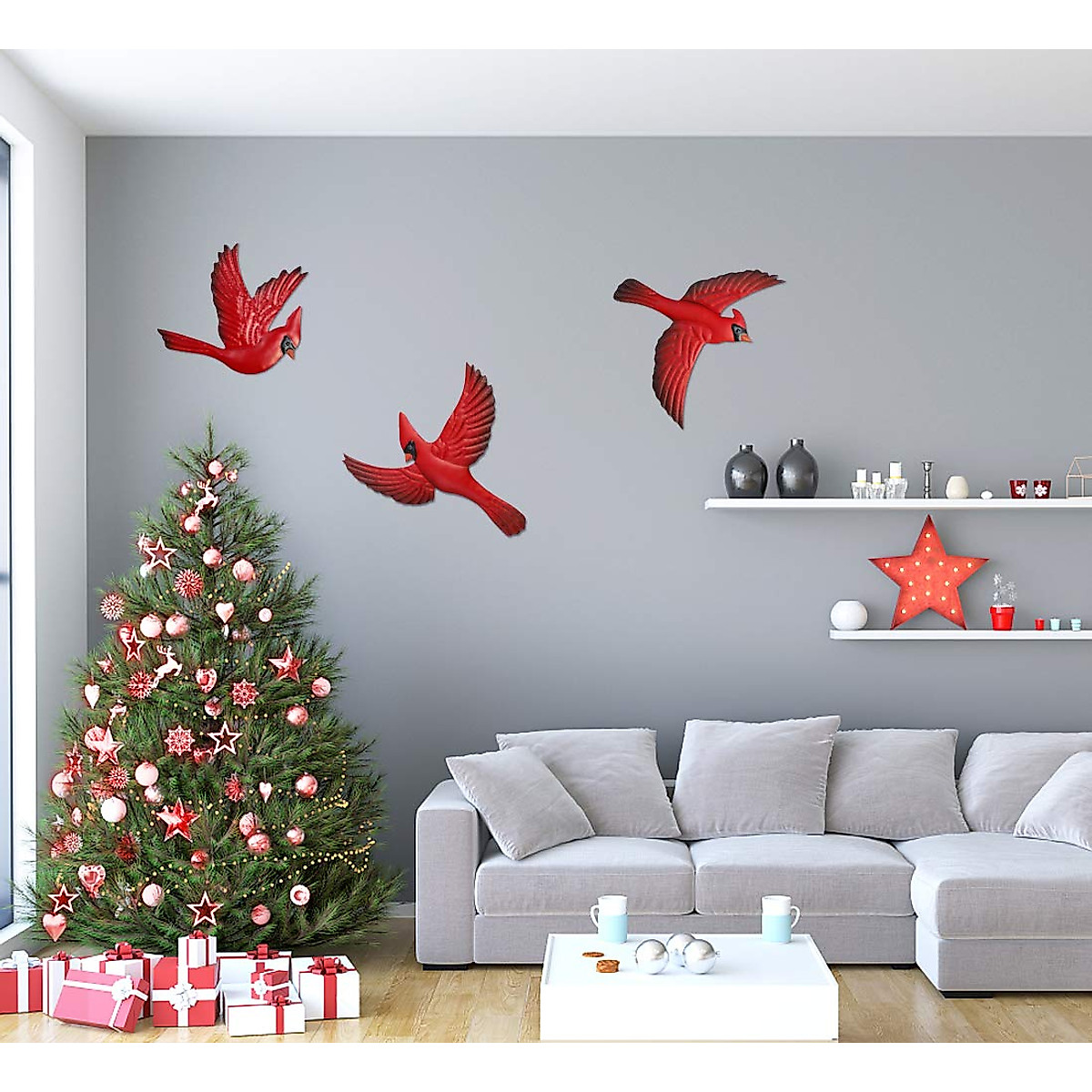 FANWNKI Red Metal Birds Cardinal Set of 3 Wall Art Decor Sculptures Hanging for Christmas Outdoor Indoor Home Garden Porch Fence