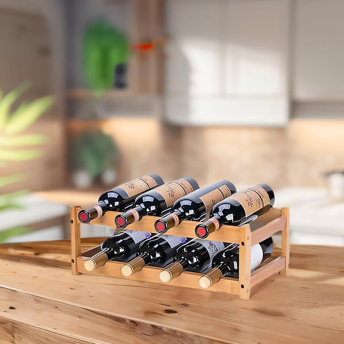FOSTERSOURCE Wine Rack, Natural Bamboo Wine Storage Rack Countertop Wine Display Shelf Wine Bottle Holder (2-Tiers 8-Bottles)
