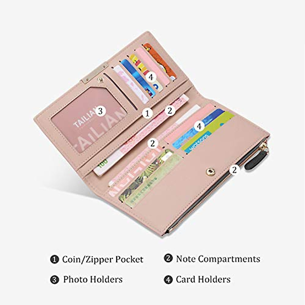 FFpaw Ultra Slim Wallet Leather RFID Blocking Credit Card Holder Bifold Clutch Coin Zipper Travel Long Purse for Women Girls