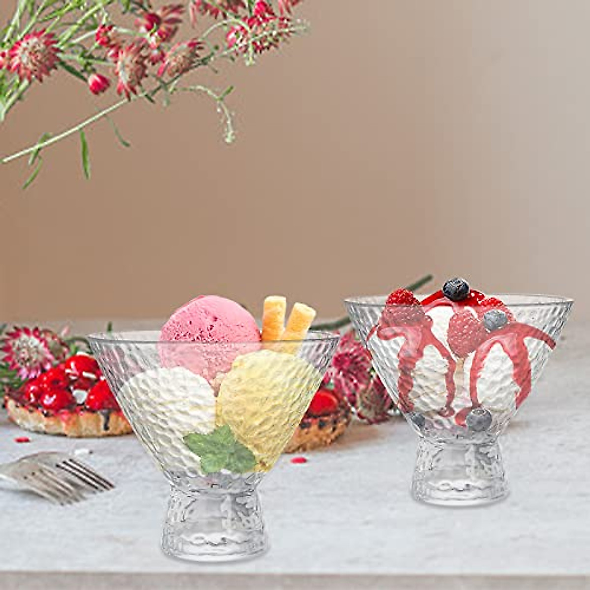 Frcctre 6 Pack Stemless Martini Glasses, 8 Oz Vintage Shrimp Cocktail Glasses with Heavy Base, Glass Dessert Bowls Ice Cream Bowl for Martini, Cocktail, Margarita, Dessert, Ice Cream