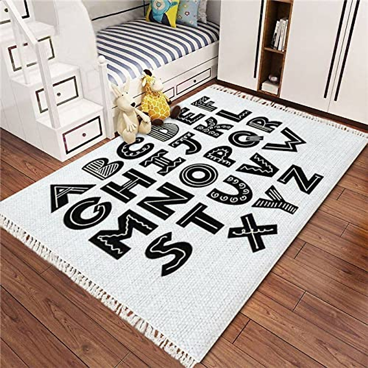 DGAIER Boho Rug Scandinavian Black White Alphabet Font is Scandinavian Style Simple Area Woven Rug with Tassels Patio Mat