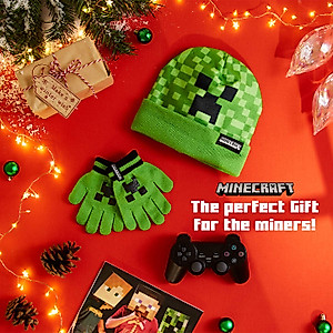 Minecraft Beanie Hat Fluffy Bucket Hat or Boys Hat and Glove Set for Kids Teens (Green Hat & Gloves, One Size)