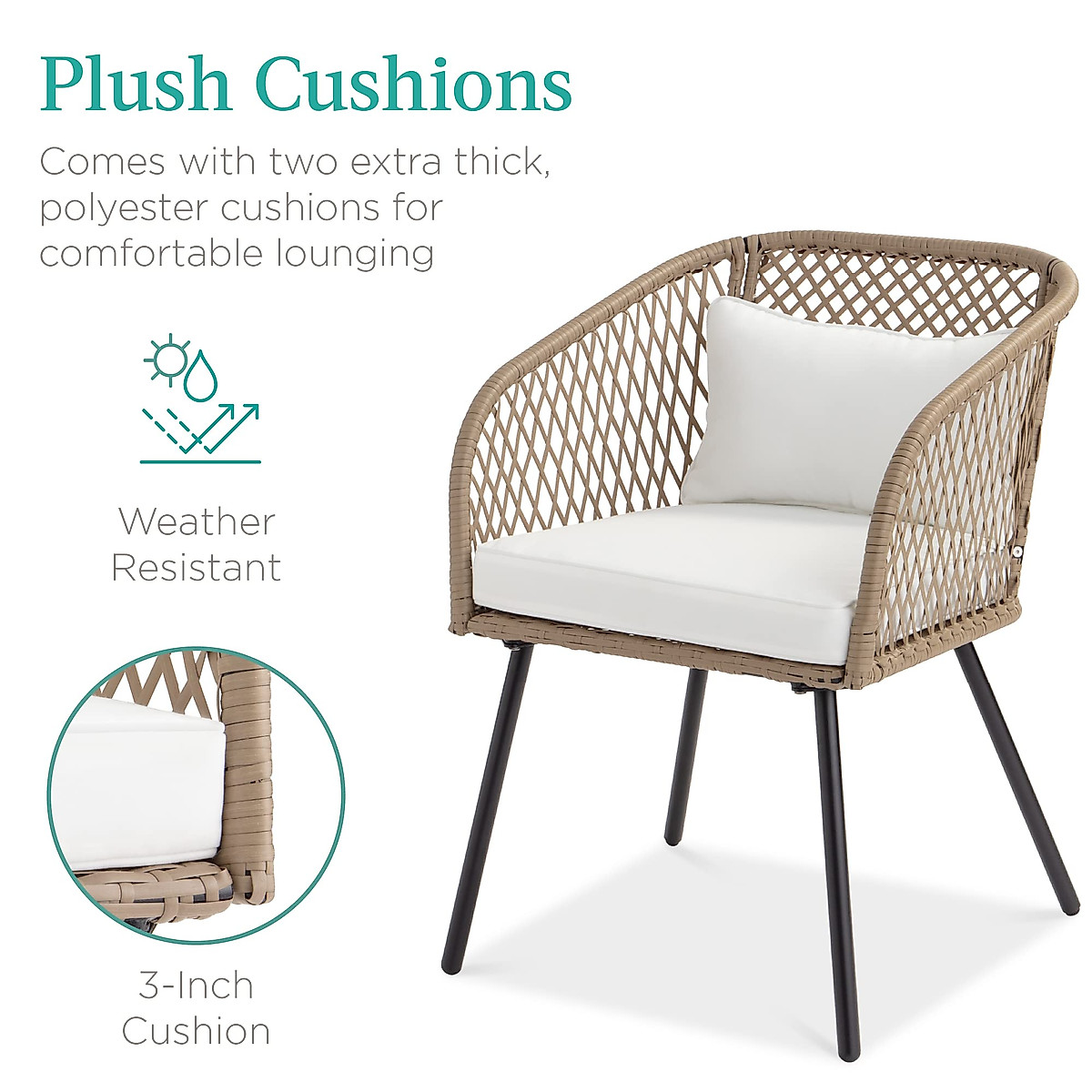 Best Choice Products 3-Piece Outdoor Wicker Bistro Set, Patio Dining Conversation Furniture for Backyard, Balcony, Porch w/Diamond Weave Design, Tempered Glass Side Table, 2 Chairs - Ivory