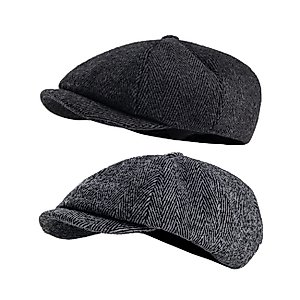 Hccfit 2 Pack Newsboy Cap Peaky Herringbone Baker Boy Flat Caps for Men Women (Black and Gery)