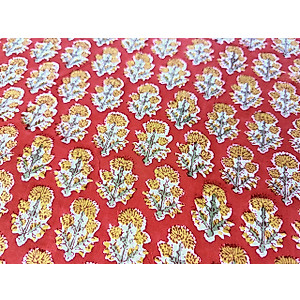 AVKA Studio Hand Block Print Fabric by The Yard - PRECUT 1 Yard 42 Inch Width - 100% Cotton Material - Red Floral Pattern - Light Weight Indian Cloth for Making Summer Dress Tops Indian Fabric etc