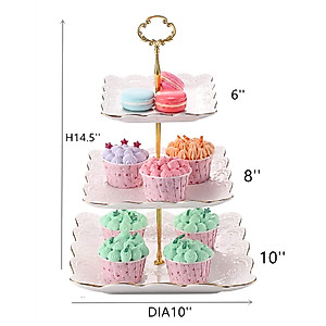 Sumerflos 3-Tier Square Porcelain Cake Stand, White Rimmed with Gold Embossed Cupcake Dessert Stand - Tiered Serving Tray for Tea Party and Show