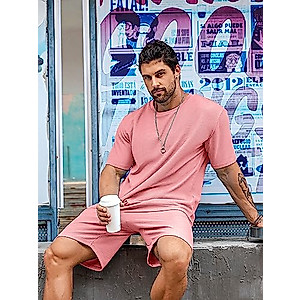 Babioboa Men's Sweatsuit Short Sleeve T Shirt Suit Summer Waffle Tee Short Sets Casual Daily Duty-off 2 pieces(Pink,S)