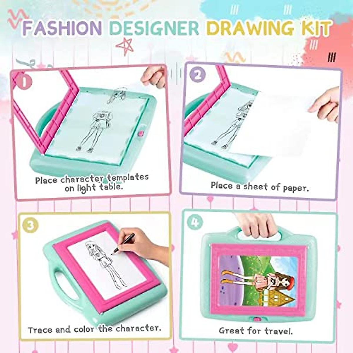 Zyerch Light Up Tracing Pad, Fashion Design Activity Kit for Girls, Eye-Soft Technology, 5 Colored Pencils, Gifts for Children Ages 6, 7, 8, 9, 10, (6035) , White