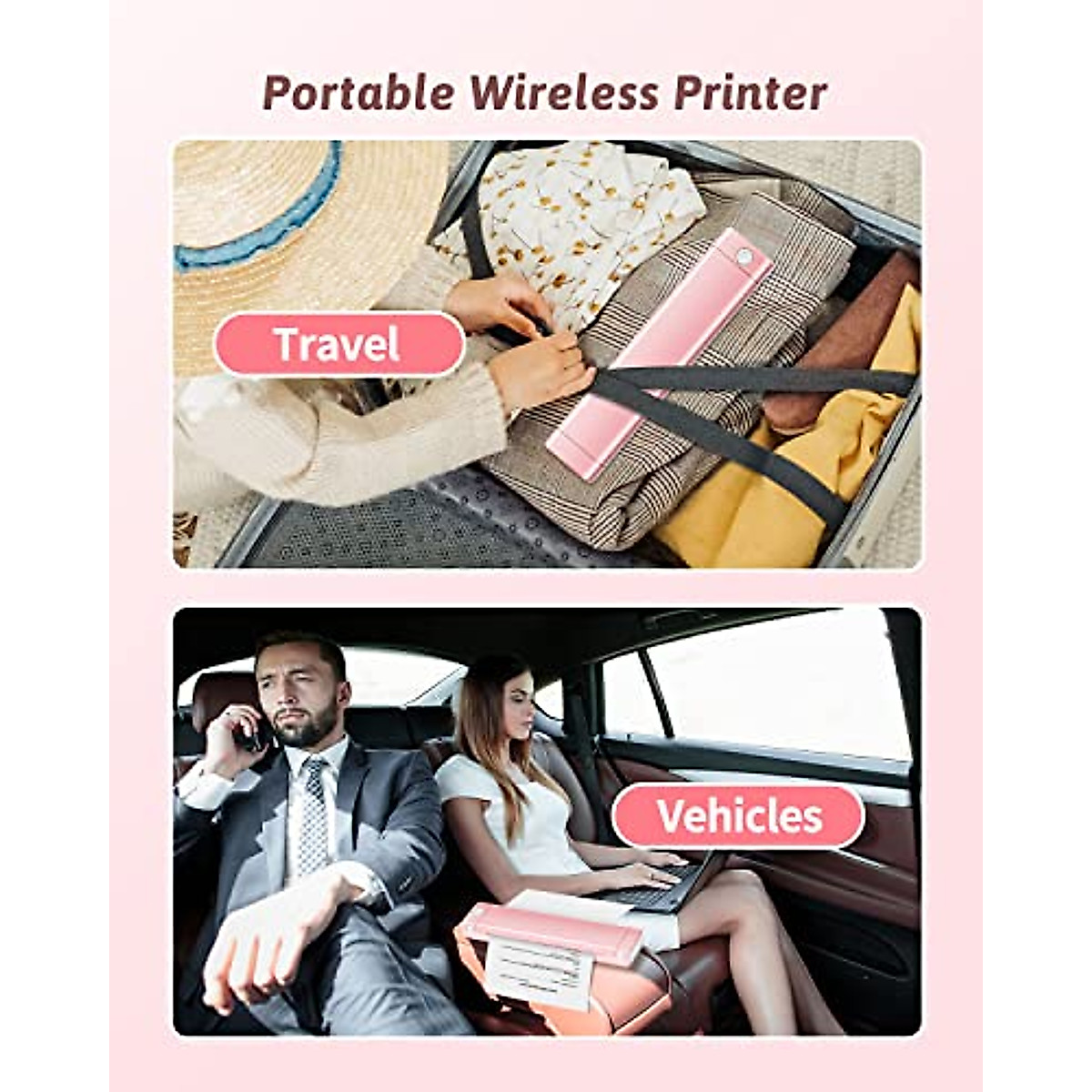 Odaro Pink M08F Letter Portable Printer for Travel with 100 Sheets Continual Thermal Paper 8.5" X 11" Letter Size