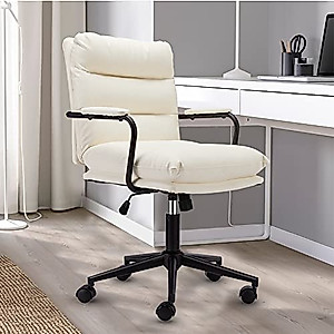 AMERROBIL White Home Office Desk Chair with Wheels/Armrests, Modern PU Leather Vanity Chair Midback Adjustable Home Computer Chair for Living Room, Bedroom, Office, Vanity and Study