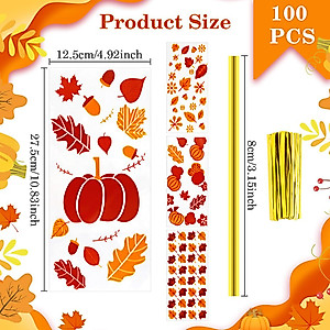 BOEIAC Thanksgiving Treat Bags,100 Pcs Thanksgiving Fall Cellophane Treat Bags, Plastic Autumn Maple Leaves Pumpkin Candy Goodie Bags with Twist Ties for Thanksgiving Fall Theme Party Favor