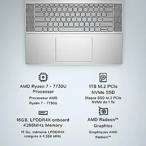 Dell Inspiron 16 5635 Laptop - AMD Ryzen 7-7730U, QHD 16 inch, 16GB LPDDR4x RAM, 1TB SSD, AMD Radeon Graphics, Windows 11 Home, 1 Year Premium Support - Platinum Silver