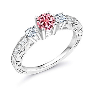 Gem Stone King 925 Sterling Silver Round Pink Moissanite and White Created Sapphire 3 Stone Women Ring (0.89 Cttw, Available In Size 5, 6, 7, 8, 9)