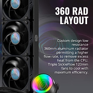 Cooler Master MasterLiquid ML360 Mirror ARGB Close-Loop AIO CPU Liquid Cooler, Mirror ARGB Pump, 360 Radiator, Triple SickleFlow 120mm, 3rd Gen Dual Chamber Pump for AMD Ryzen/Intel LGA1200/1151