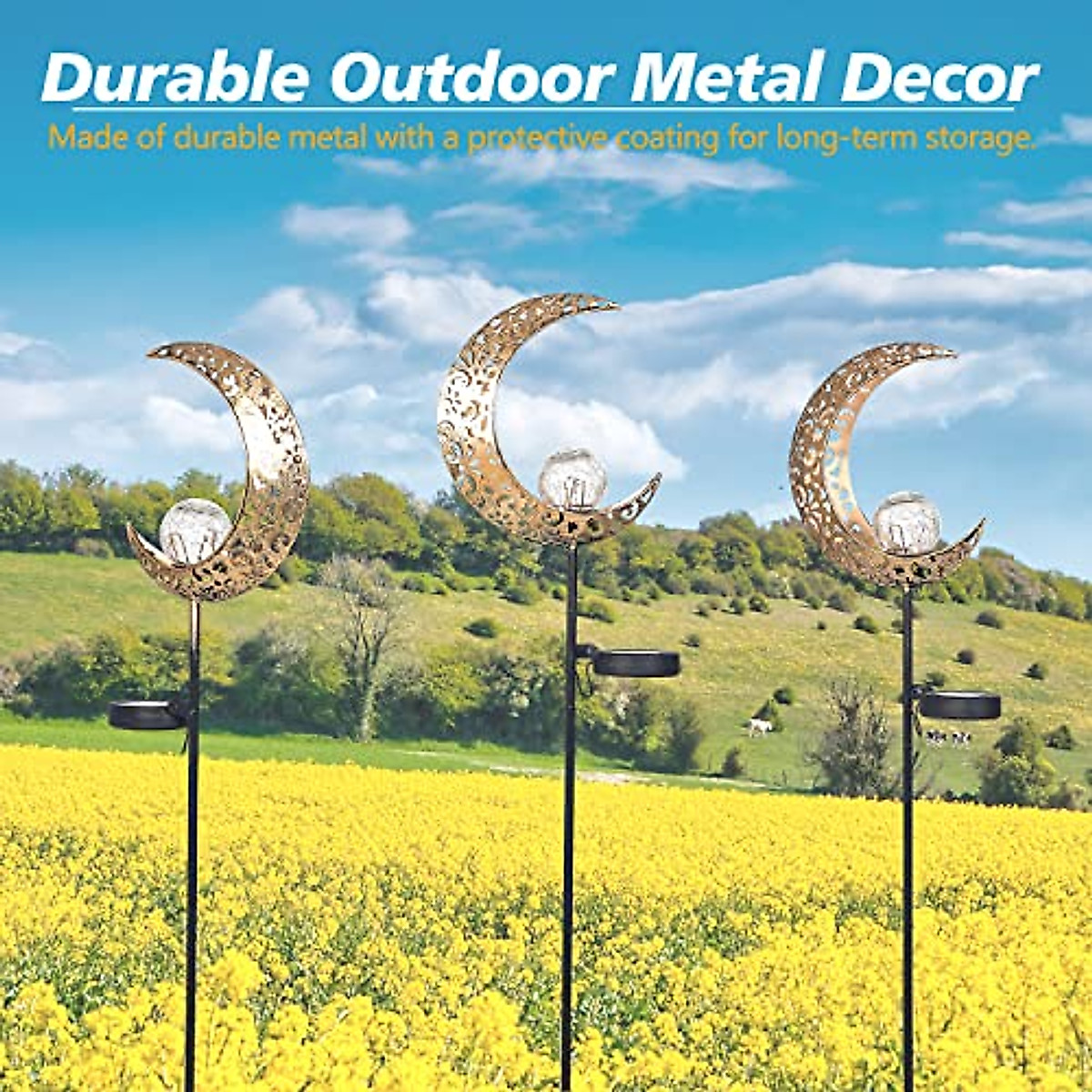 Asense Garden Solar Lights Pathway Stake Outdoor Metal Sculpture Art Decor, Solar Powered LED Lights for Lawn Patio Courtyard, Moon with Crackle Glass Ball