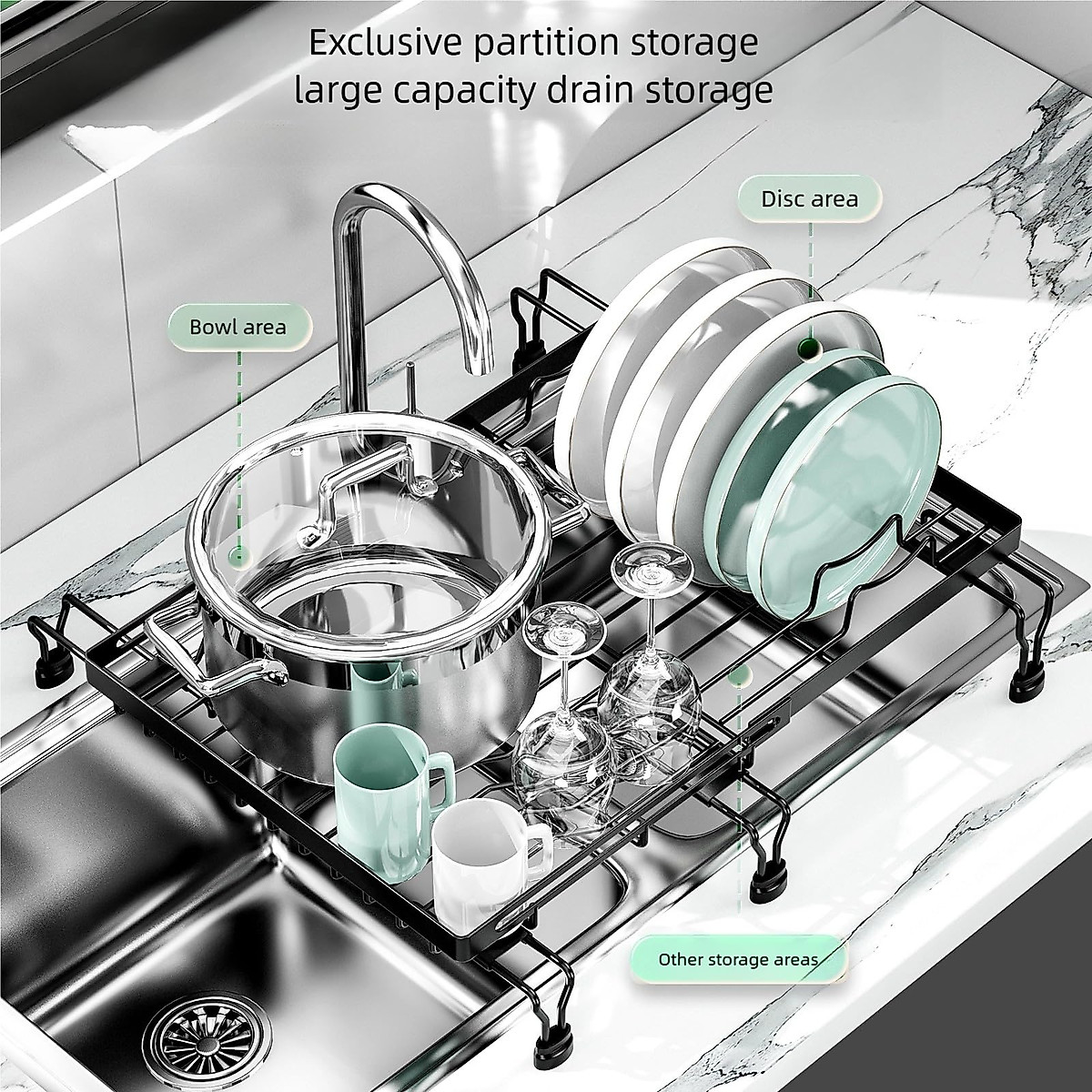 Extra Large Black Expandable Roll Up Dish Drying Rack,Over The Sink Kitchen Rolling up Dish Drainer in Sink, for Kitchen Sink Counter，Foldable Sink Cover with Removable Utensil Holder(13.6"-25.1")