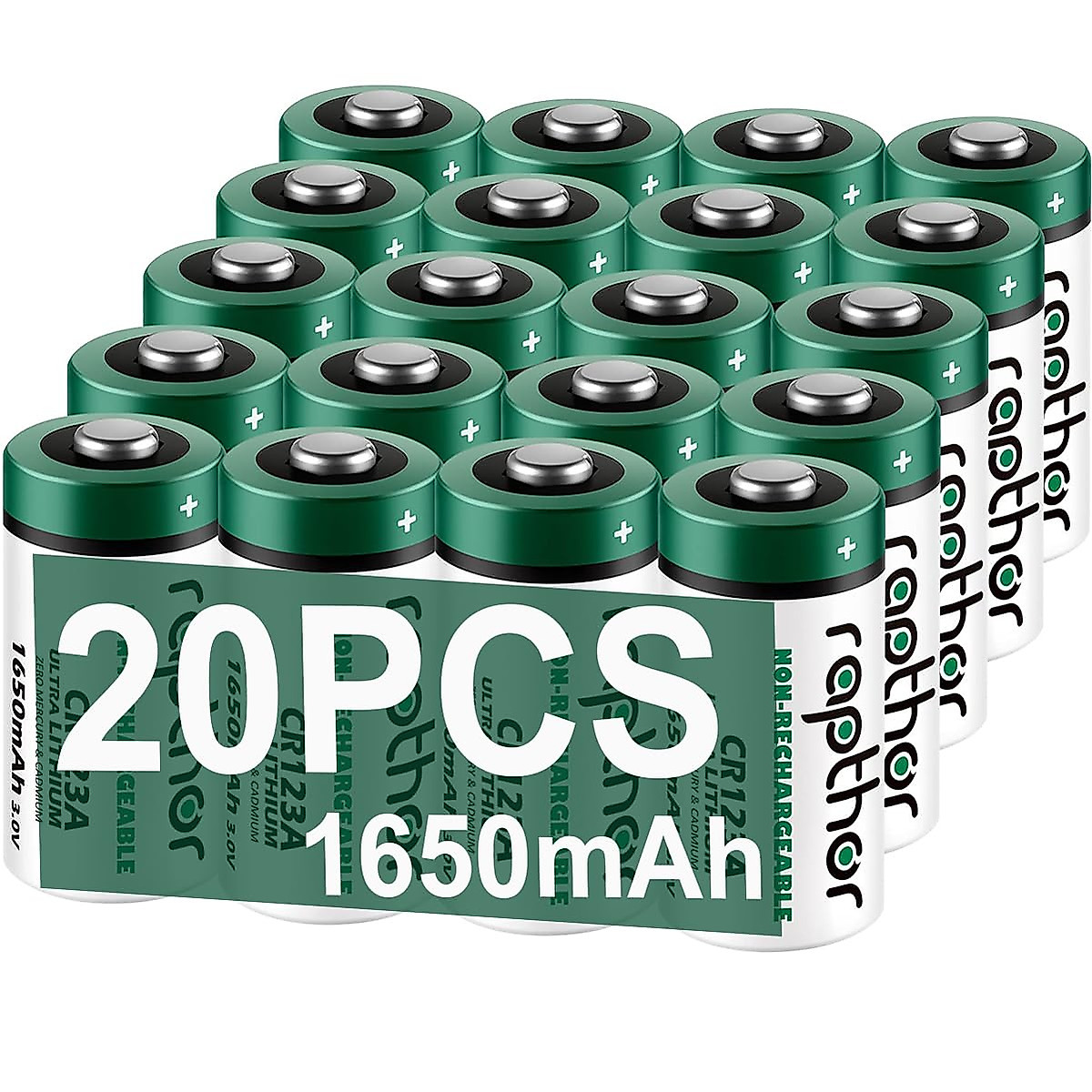 rapthor CR123A Lithium Batteries 1650mAh High Power UL Certified 3V Non-Rechargeable Battery with Built-in PTC for Flashlight Toys Alarm System Microphones (Not for Arlo) (20)