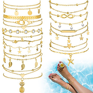 Hicarer 16 Pieces Ankle Bracelets 14K for Women Anklets Set Silver Gold Boho Beach Anklets Foot Chains Adjustable Foot Hand Jewelry Romantic Gift(Gold)