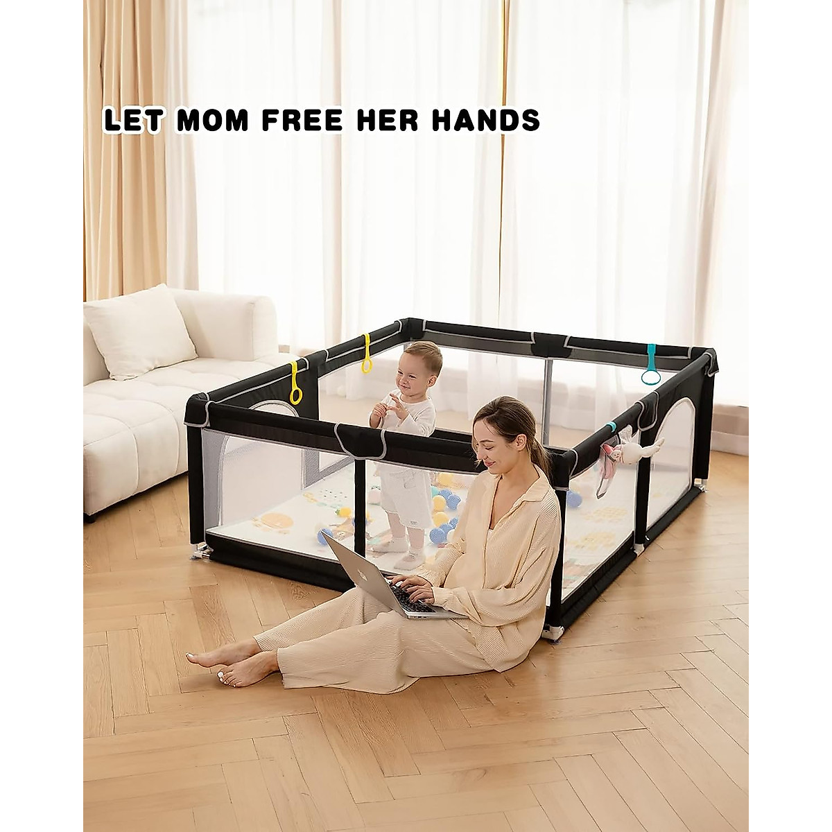 dearlomum Baby Playpen with Mat 71" X 59", Extra Large Play Yard for Babies and Toddlers, Safety Baby Fence, Indoor & Outdoor Kids Activity Play Center with Anti-Slip Suckers and Zipper Gate(Black)