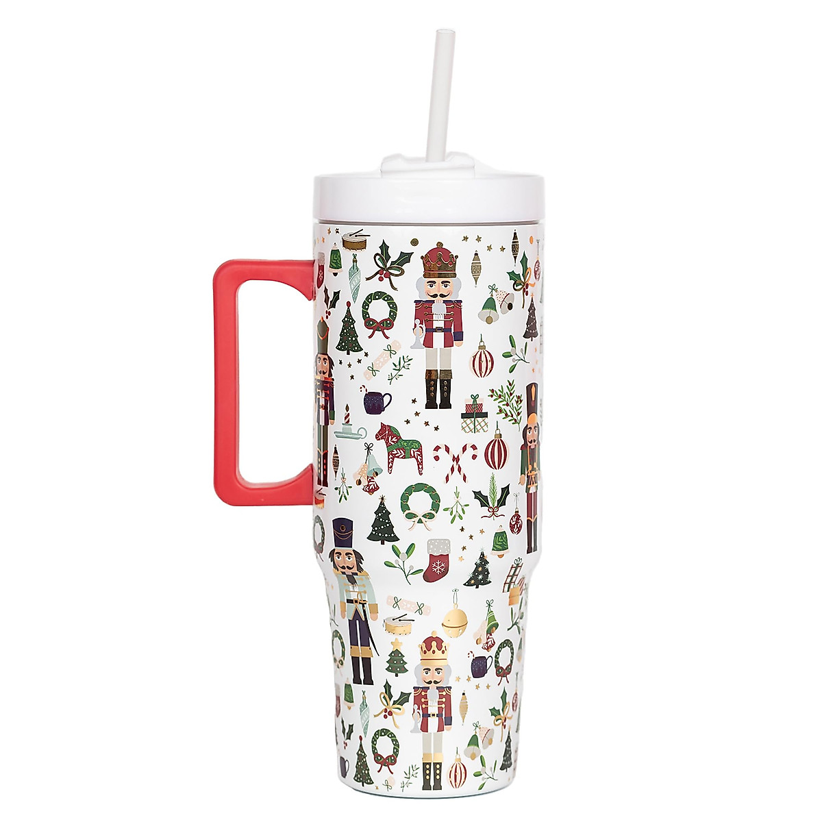 Mary Square 46982 Traditional Nutcracker Red Trim 30 ounce Stainless Steel Travel Coffee Water Tumbler with Straw and Handle