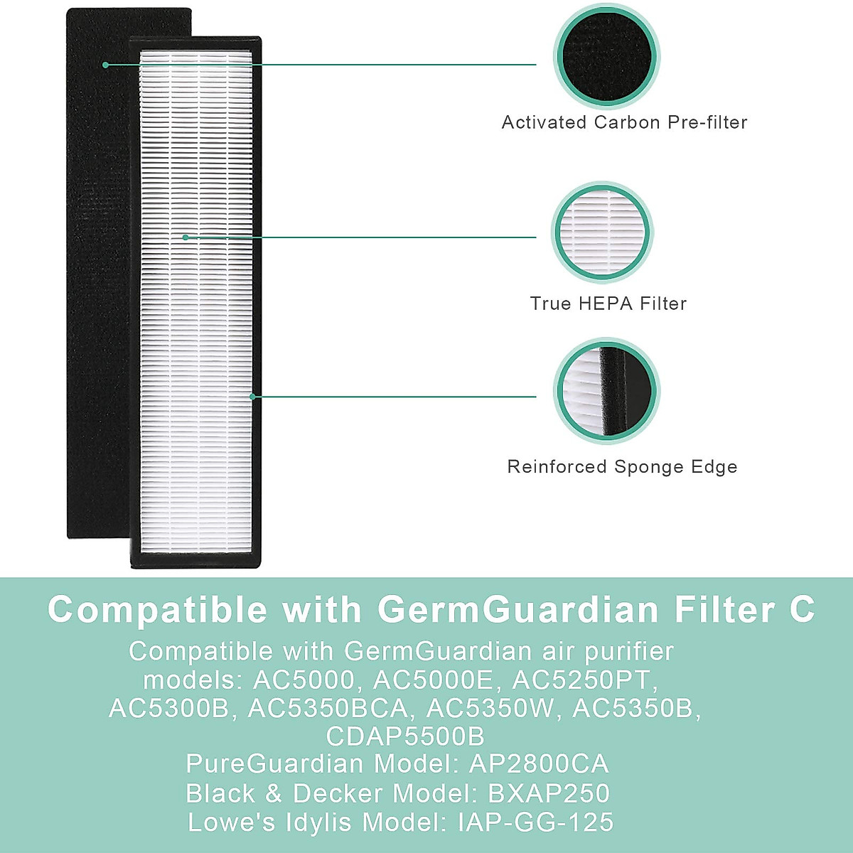 Yweller FLT5000 FLT5111 Replacement Filter C Compatible with GermGuardian AC5000, AC5000E, AC5250PT, AC5350B, AC5350BCA, AC5350W, AC5300B,CDAP5500bca,CDAP5500wsp,Black+Decker BXAP040,BXAP250 (2+4)