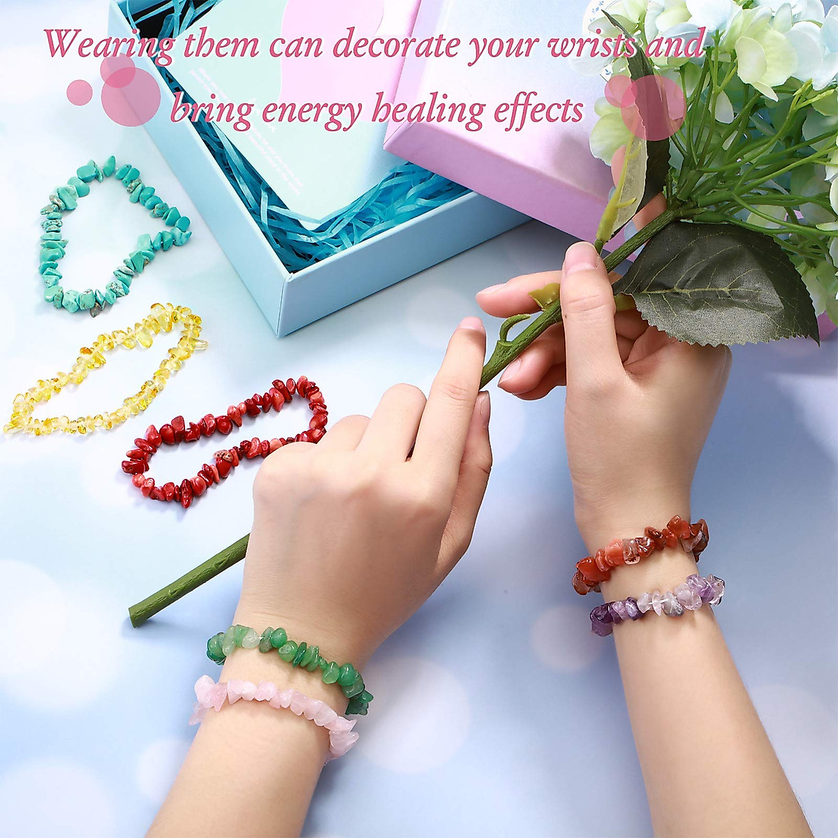 Hicarer 15 Pieces Crystal Bracelets Set Natural Gemstone Stretch Bracelets Spiritual Healing Crystals Summer Beach Jewelry Irregular Chips Bracelet for Women Gifts(Classic Style)