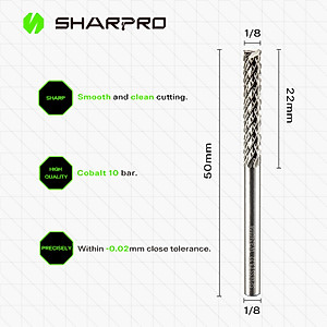 SHARPRO Tungsten Carbide Bur Die Grinder Drill Bit 1/8 Inch Shank and 1/8 Inch Cutting Dia. Milling Cutter for Dremel Bit Rotary Tools PCB Wood HDF Carbon Fiber and Hand-held Router Metal Grinding