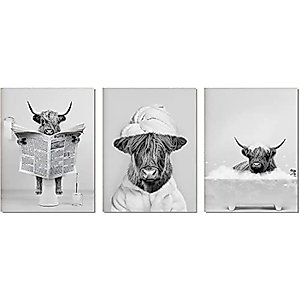 Cow Bathroom Poster Wall Art Print,Black and White Cute Funny Cow Canvas Posters Farmhouse Bathtub Bathroom ,Wall Art Canvas for Living Room, Bathroom, Bedroom, Kids Bathroom Decor,Gift.Set of 3(Unframed,8”X10”inches).