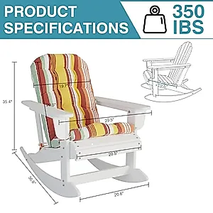 Sundale Outdoor Adirondack Rocking Chair with Cushion, HDPE Patio Plastic All Weather Adirondack Rocker, Water Resistant for Outside, Garden, Pool, Yard, White