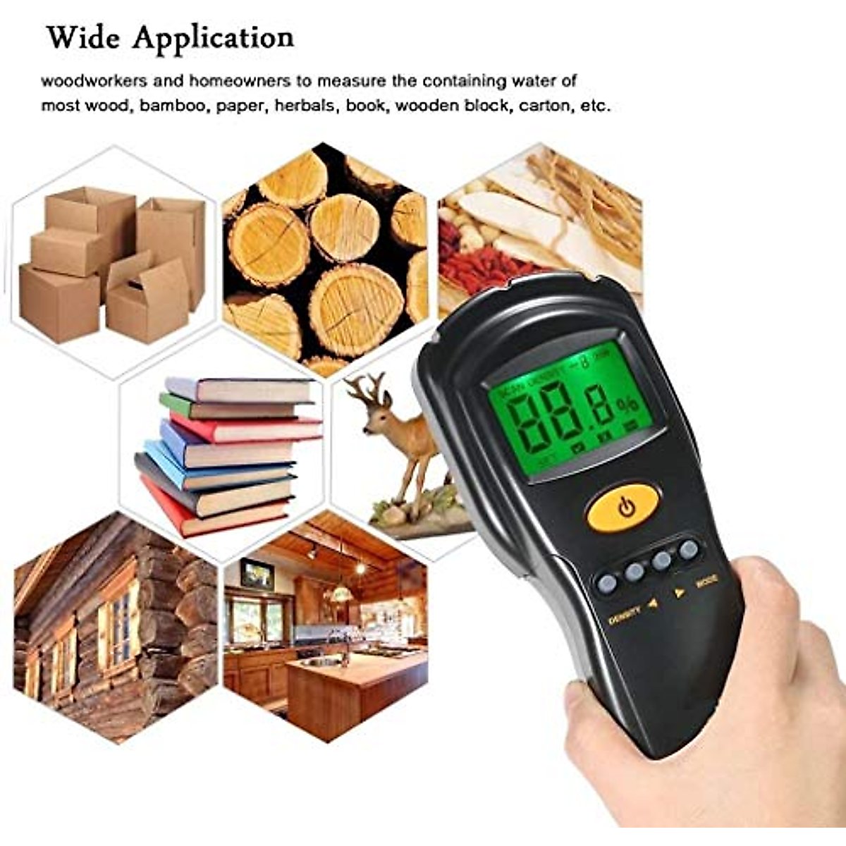 Wood Moisture Meter, Lumber Damp Detector, Moisture Content Tester with LCD Display, Range 2%～70%, Suitable for Measuring The Containing Water of Wood, Bamboo, Paper & Herbals