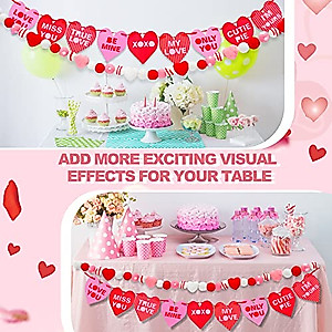 2 Pieces Valentines Day Felt Balls Banner Conversation Candy Hearts Banner Felt Pom Pom Garland Valentines Heart Sayings Garland for Valentines Party Wedding Birthday Decorations