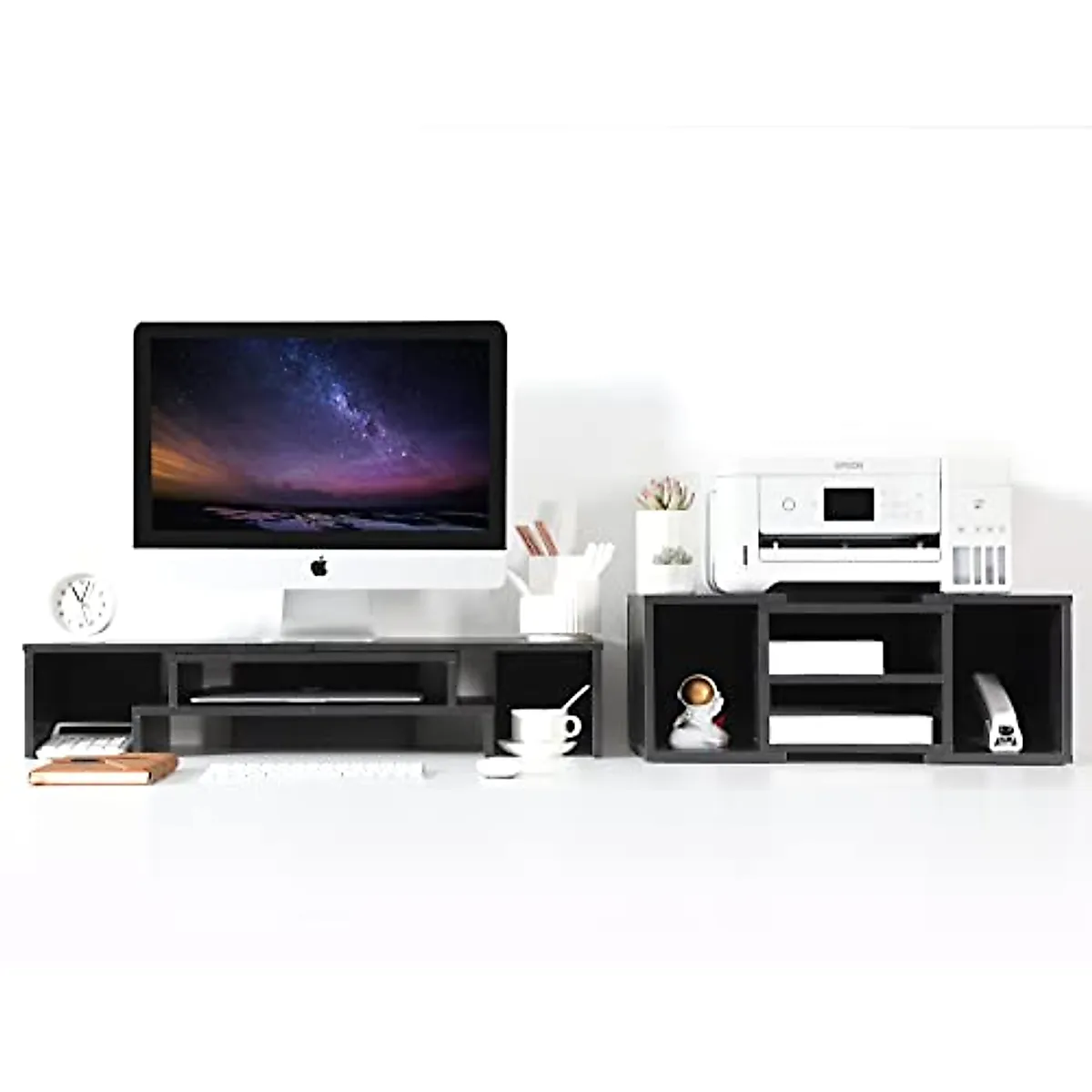 GICLAIN Printer Stand with 2 Tier Storage Shelves, Adjustable Desktop Printer Shelf with 4 Compartments, Paper and File Storage Rack, Multi-Purpose Desk Organizers for Home and Office, Black