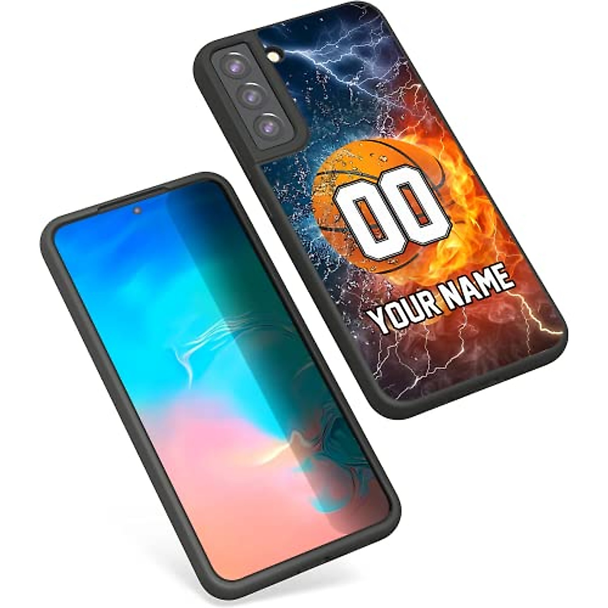 Personalized Basketball vs Name Number US Flag Decor Rubber Cover Phone Case for Samsung Galaxy S23 S22 S21 S20 ULTRA PLUS/ S21 FE /S20 FE/ S10 PLUS/ S9 PLUS/ S8 PLUS /S7 EDGE (Water Fire)