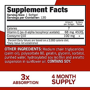 CoQ10 100mg Softgels - Qunol Ultra 3x Better Absorption Coenzyme Q10 Supplements - Antioxidant Supplement For Vascular And Heart Health & Energy Production - 4 Month Supply - 120 Count