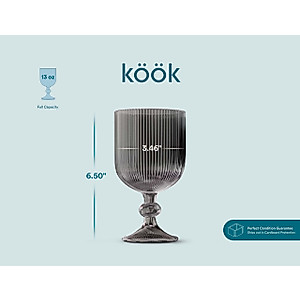 KooK Vintage Ribbed Wine Glasses, Ribbed Glassware, Colored Wine Glasses, Goblet, Art Deco, Set of 4, 13 oz, for Water, Wine, Stemmed Drinking Glasses, Embossed Pattern, Wedding Party Bar, Black,