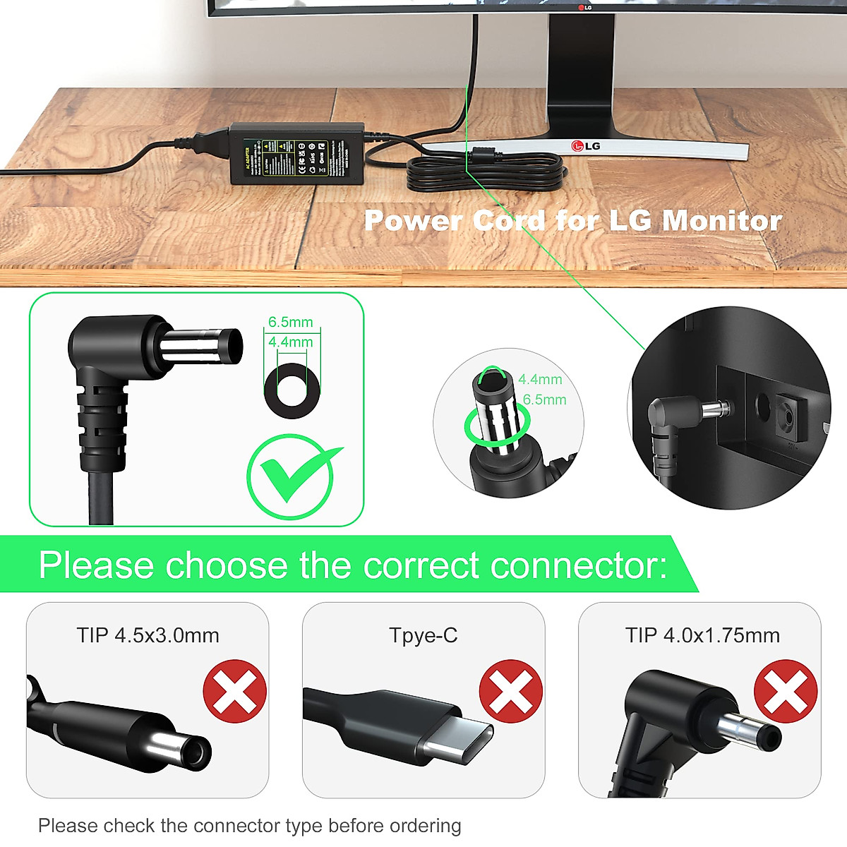 for LG Monitor Power Supply,19V Adapter Charger for LG Electronics 19" 20" 22" 23" 24" 27" 32" LED LCD TV Monitor Widescreen HDTV 24M47H-P 24MP55HQ, Samsung UN32J400 UN32J4000AF Power Supply