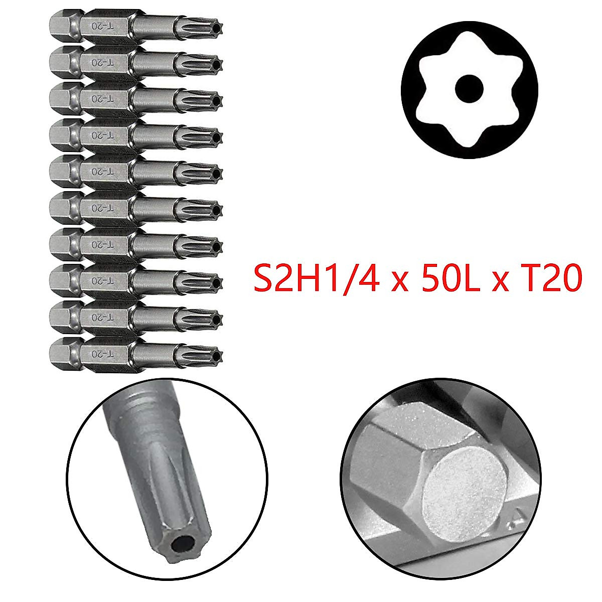 COMOK 10pcs 50mm Long 1/4 Inch Hex Shank T20 Torx Head Magnetic Screw Driver Bit Set Security Tamper Proof Star 6 Point Screwdriver Kit Tools