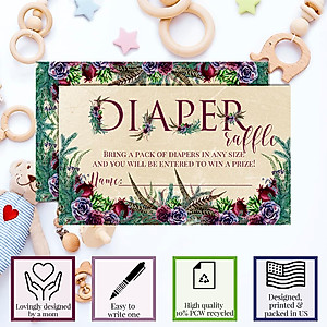 Amanda Creation Rustic Boho Watercolor Succulents, Pine, and Feathers Diaper Raffle Tickets for Baby Showers, 20 2" X 3” Double Sided Inserts, Bring a Pack of Diapers to Win Favors &