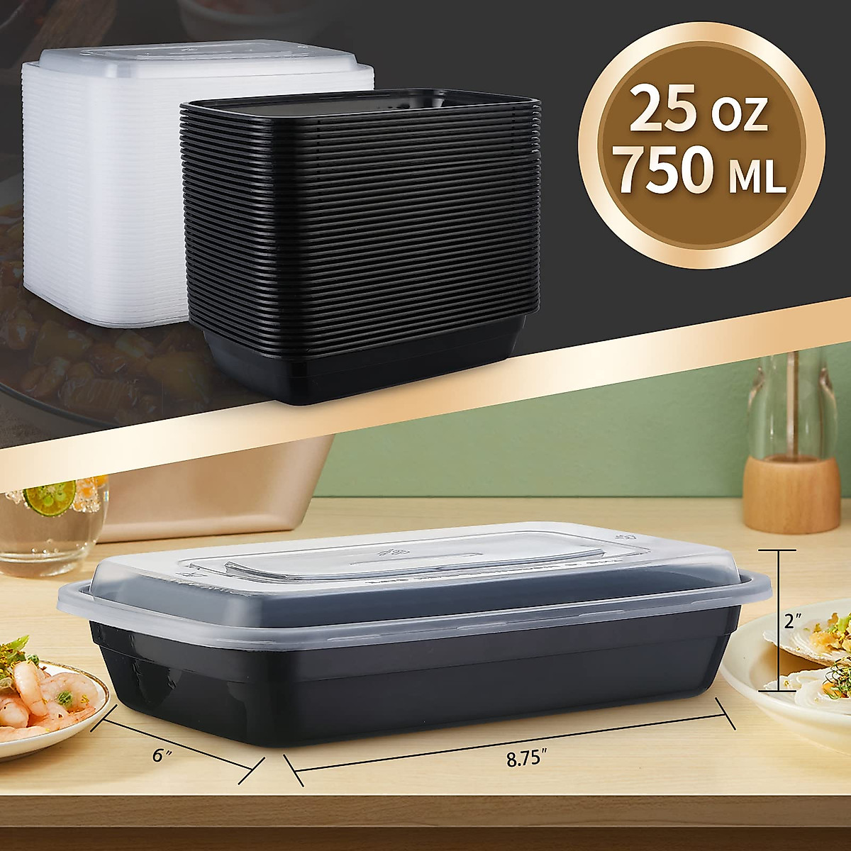 Ensbelei 25oz Meal Prep Containers with Lids, 50Pcs Extra-Thick Meal Prep Container Reusable, Disposable Black Lunch Boxes, Stackable, Microwaveable & Freezer Dishwasher Safe