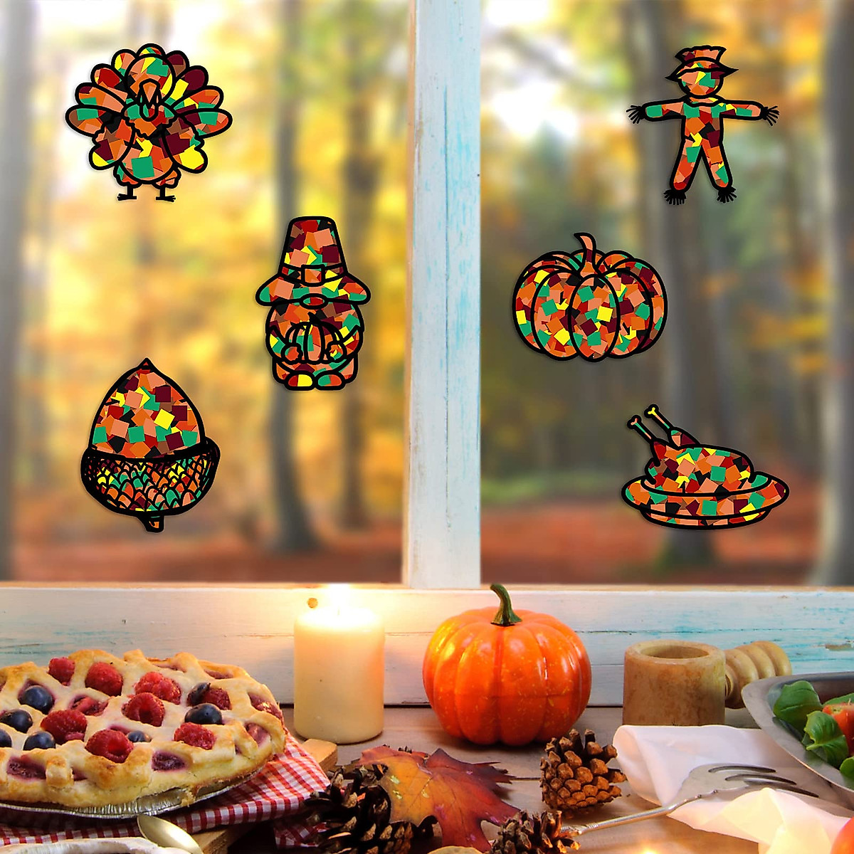 Gueevin 18 Sets Thanksgiving Stained Glass Effect Paper Suncatchers Thanksgiving Suncatcher Kit DIY Suncatcher Paper with tissue paper and glue sticks for Children Window Classroom Arts and Crafts