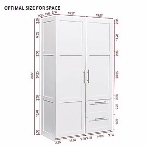 RIDFY Wardrobe Closet with 2 Doors,High Wardrobe and Kitchen Cabinet with 2 Drawers and Storage Shelevs,Bedroom Armoires with Hanging Rod, Foldable Clothes Organizer (40”W x 20”D x 71”H) (White)