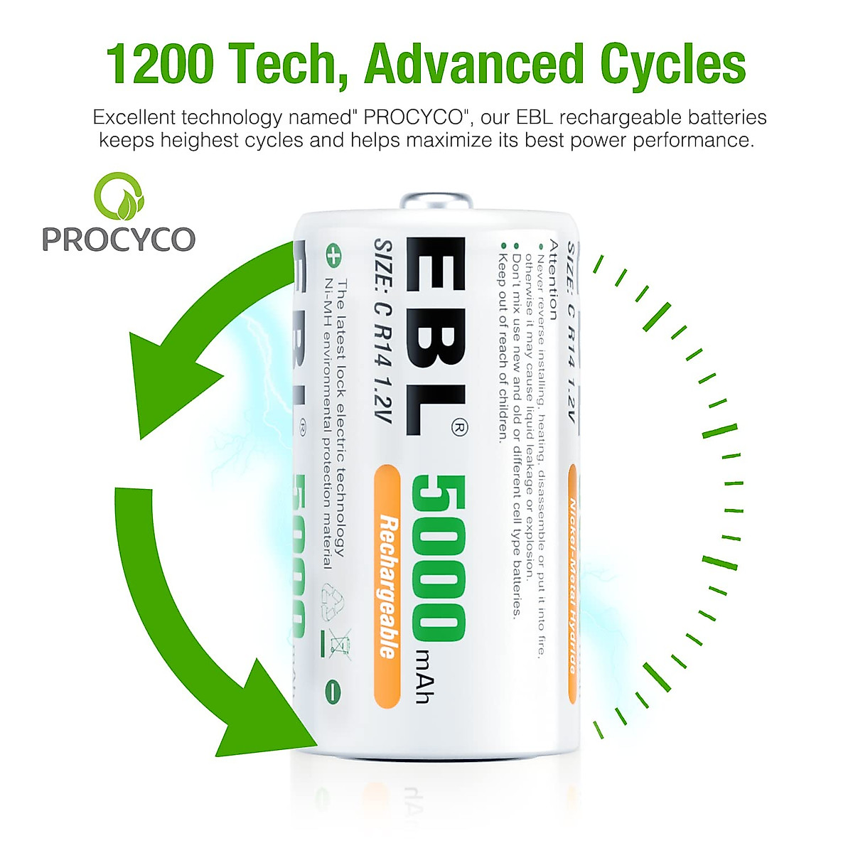 EBL C Batteries High Energy 5000mAh Ready2Use C Rechargeable Battery Cells, 4 Counts