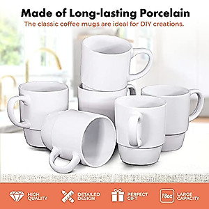 Bruntmor 18 Oz Plain Stacking Coffee Mug Set of 6, Cute 18 Ounce Porcelain Mugcup Set In White, Best Coffee Mug For Your Christmas, Birthday Gift, or DIY Decoration