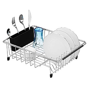 iPEGTOP Expandable Deep & Large Dish Drying Rack, Over The Sink, in Sink Or On Counter Dish Drainer Basket Shelf with Black Removable Utensil Silverware Holder, Rustproof Stainless Steel