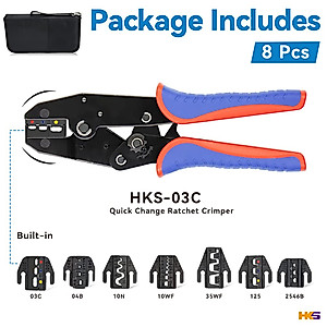 HKS Ratcheting Crimping Tool Set 8 PCS - Quick Exchange Jaw for Heat Shrink Terminals, Non-Insulated, Open Barrel, Solar Conncetors, Insulated and Non-Insulated Ferrules AWG 20-2