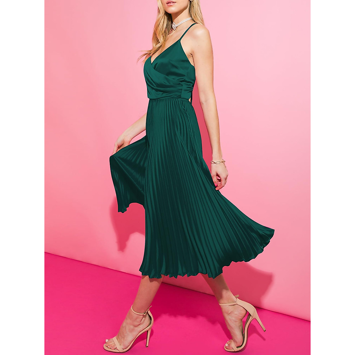 ZAFUL Womens Satin Sexy Backless Wrap V Neck Sleeveless Spaghetti Strap Pleated Flowy Party Midi Dress