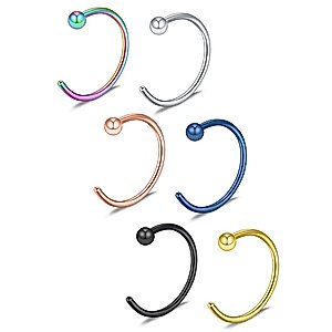 Ruifan 6pcs Stainless Steel Body Jewelry Piercing Earrings Nose Hoop Ring with Ball Top Unisex 20 Gauge 8mm - Mix Color 2#